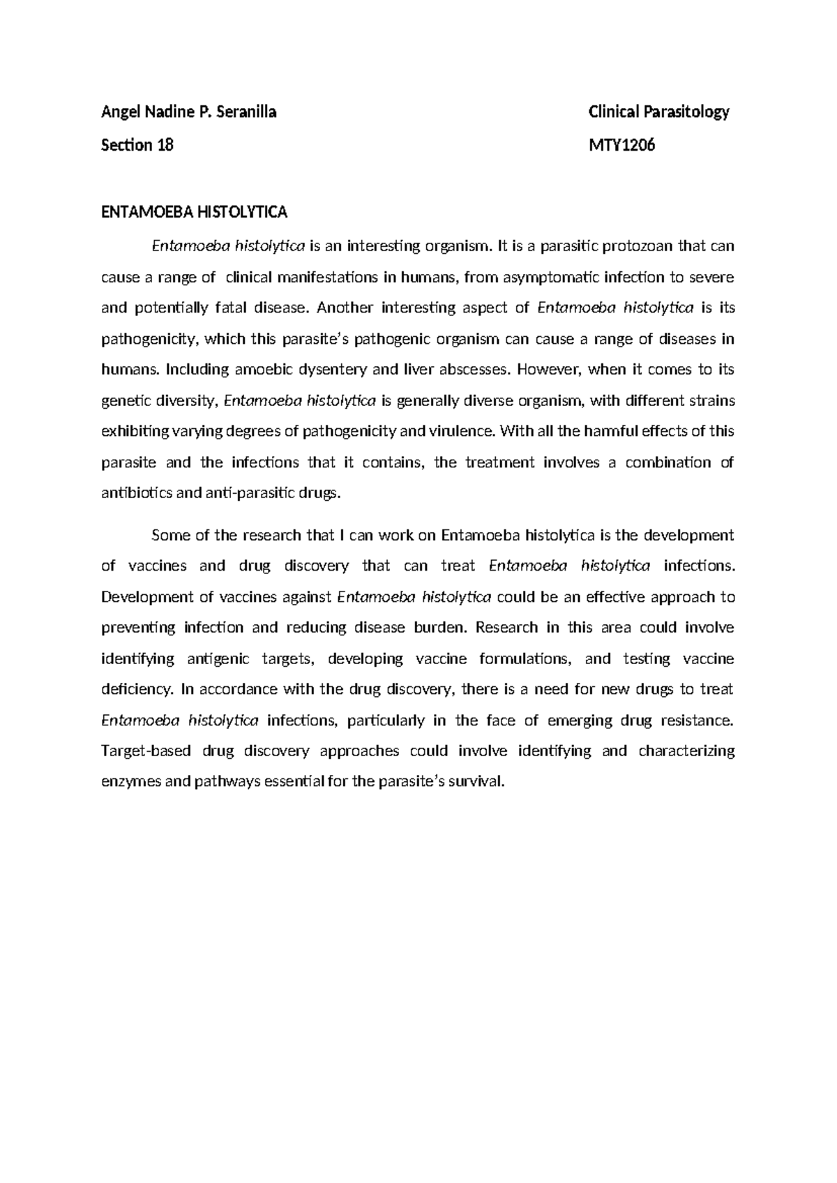 parasitology_entamoeba histolytica - Angel Nadine P. Seranilla Clinical ...