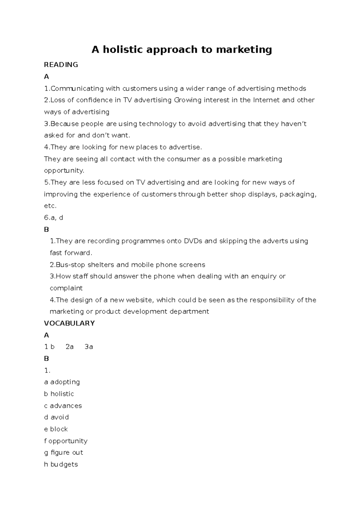 Reading - A holistic approach to marketing READING A 1 with customers ...