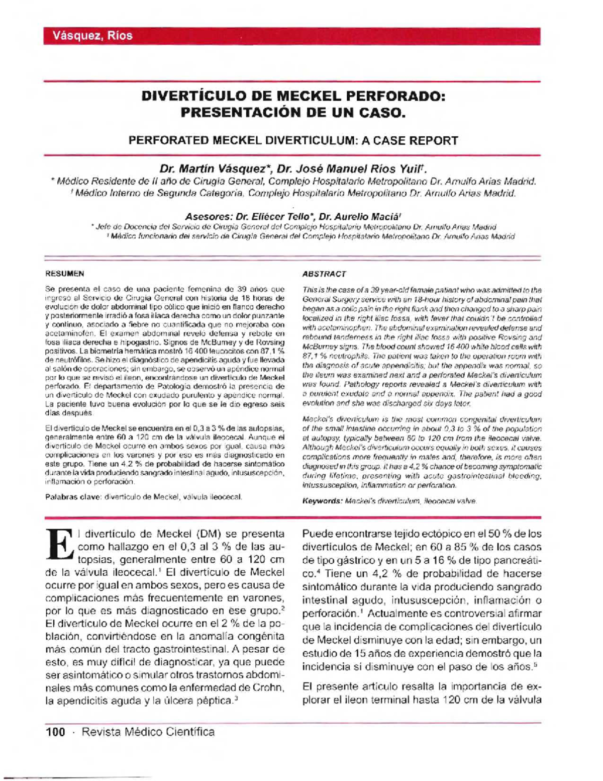 DIVERTíCULO DE MECKEL PERFORADO - Vásquez, Ríos. DIVERTíCULO DE MECKEL ...