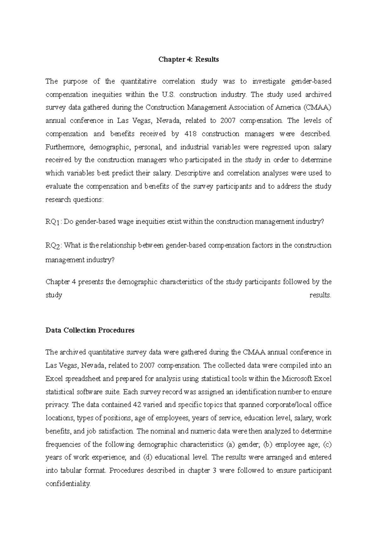 Chapter 4- Results - The purpose of the quantitative correlation study ...