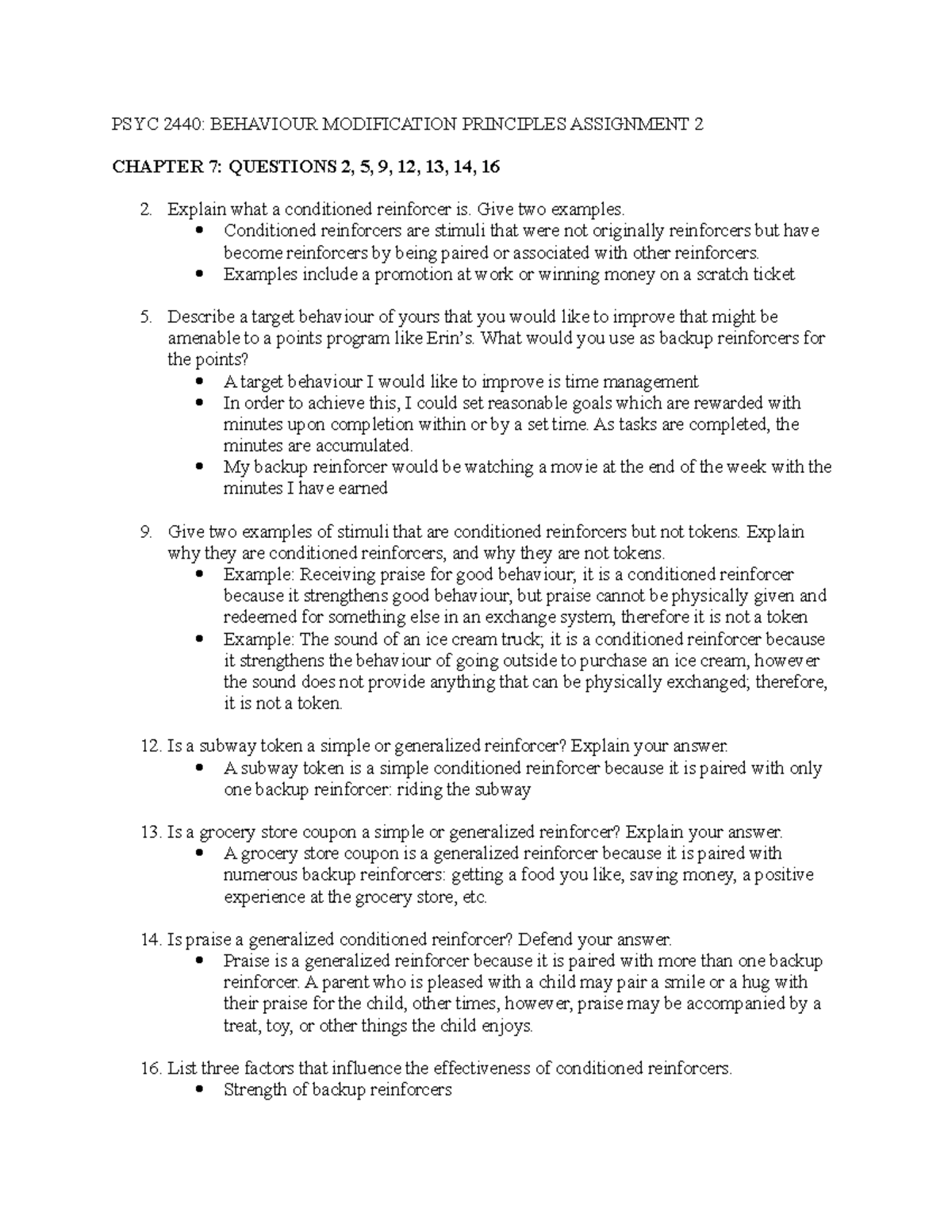 PSYC 2440 Assignment 2 - PSYC 2440: BEHAVIOUR MODIFICATION PRINCIPLES ASSIGNMENT 2 CHAPTER 7 ...