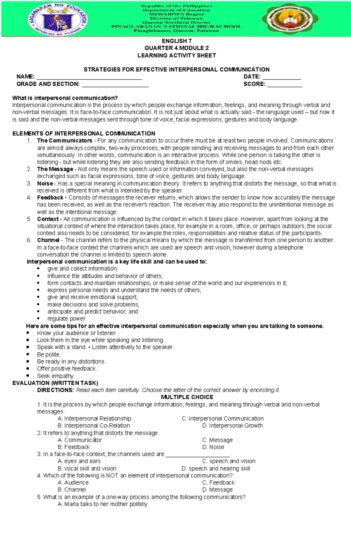 English 7 LAS - ENGLISH 7 QUARTER 4 MODULE 2 LEARNING ACTIVITY SHEET ...
