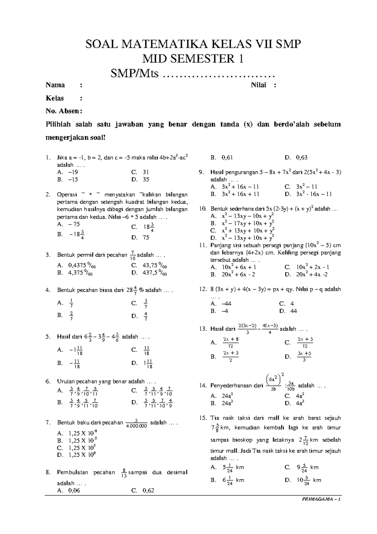 SOAL Matematika Kelas VII SMP MID Semest - PRIMAGAMA – 1 SOAL ...