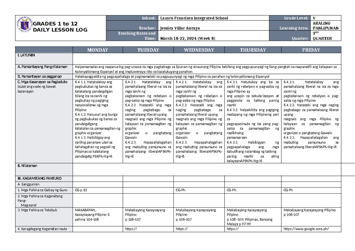DLL Araling Panlipunan 5 Q3 W8 - GRADES 1 to 12 DAILY LESSON LOG School: Lazaro Francisco ...