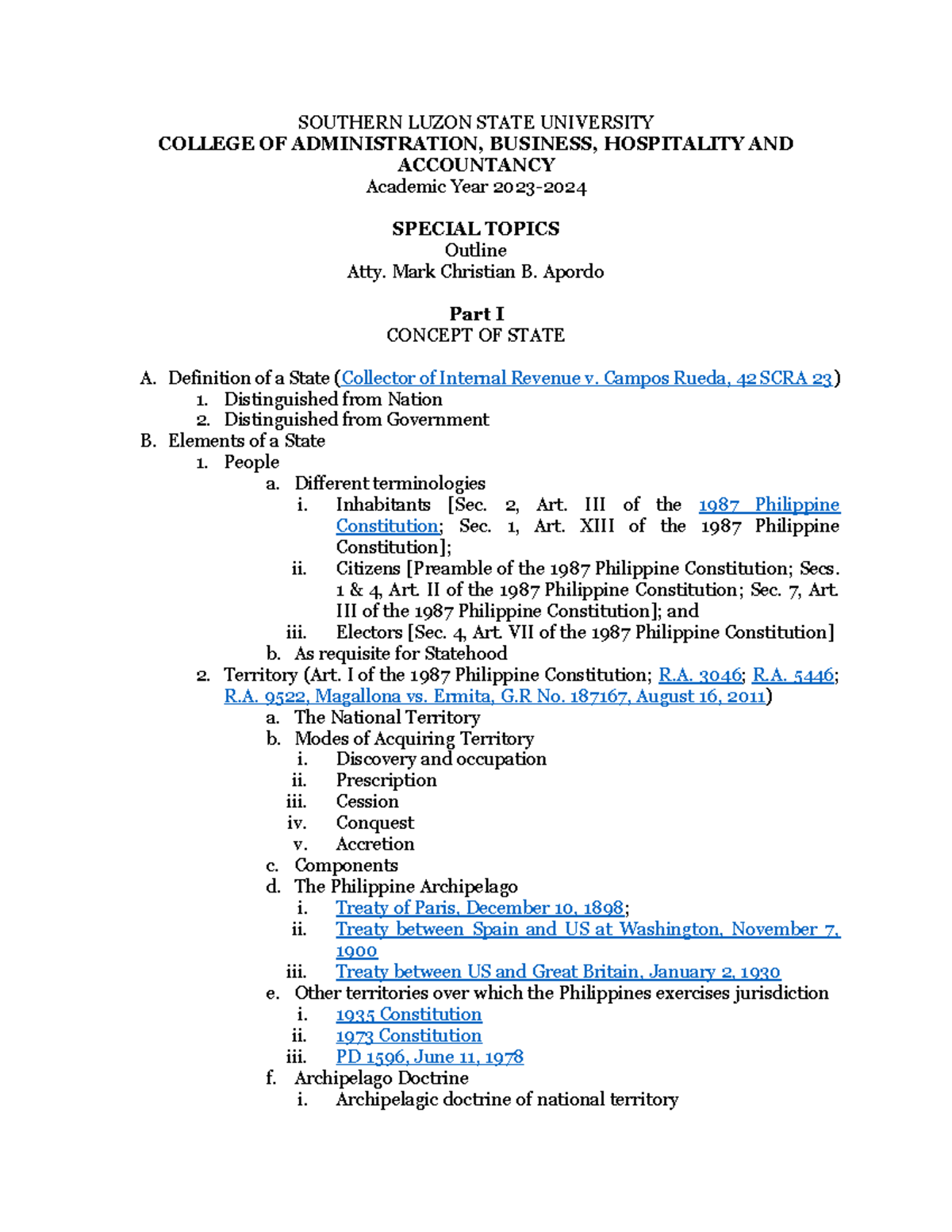 Revised Outline for Concept of State Special Topics - SOUTHERN LUZON ...