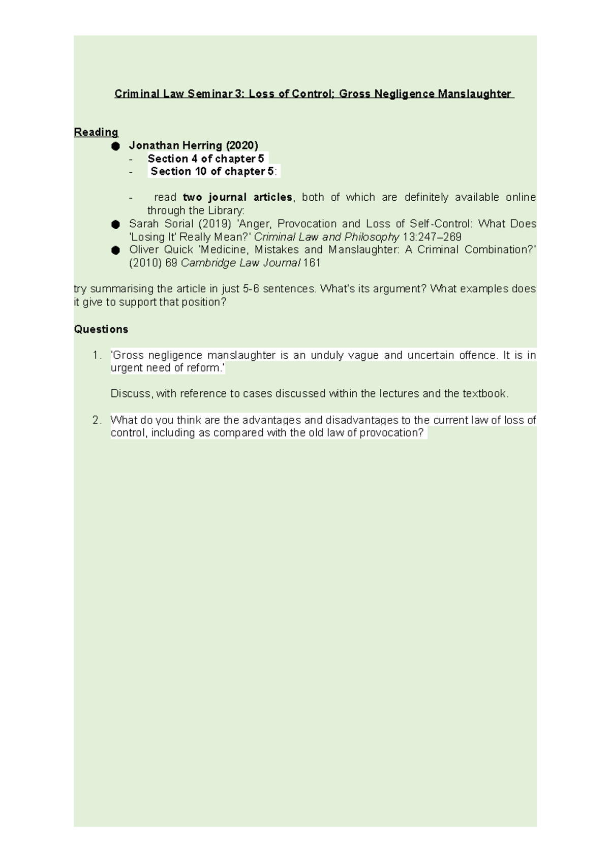 Loss of Control; Gross Negligence Manslaughter seminar - Criminal Law ...