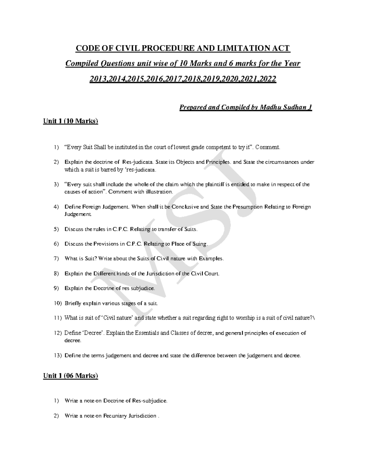 CPC questions - CODE OF CIVIL PROCEDURE AND LIMITATION ACT Compiled ...