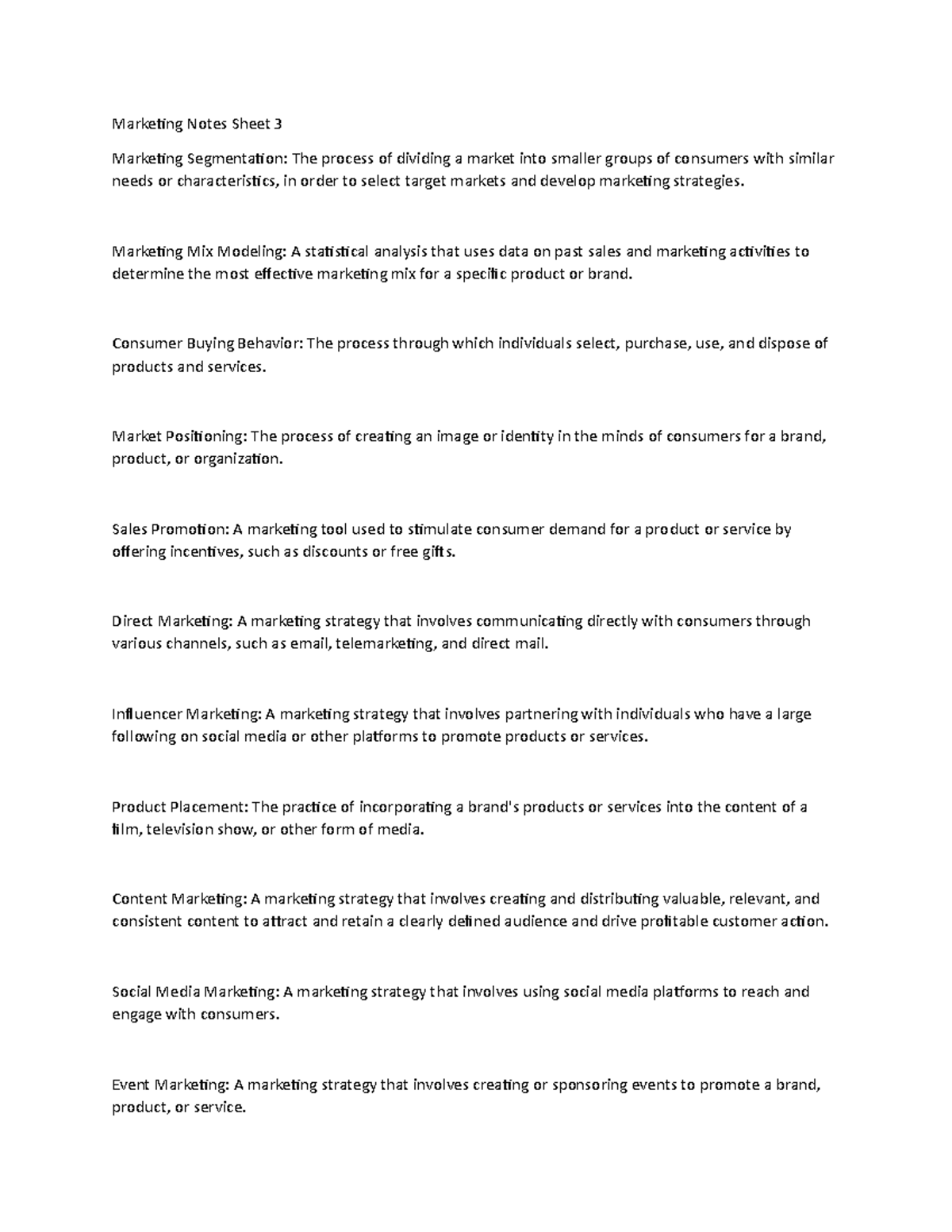 Marketing Notes Sheet 3 - Marketing Mix Modeling: A statistical ...