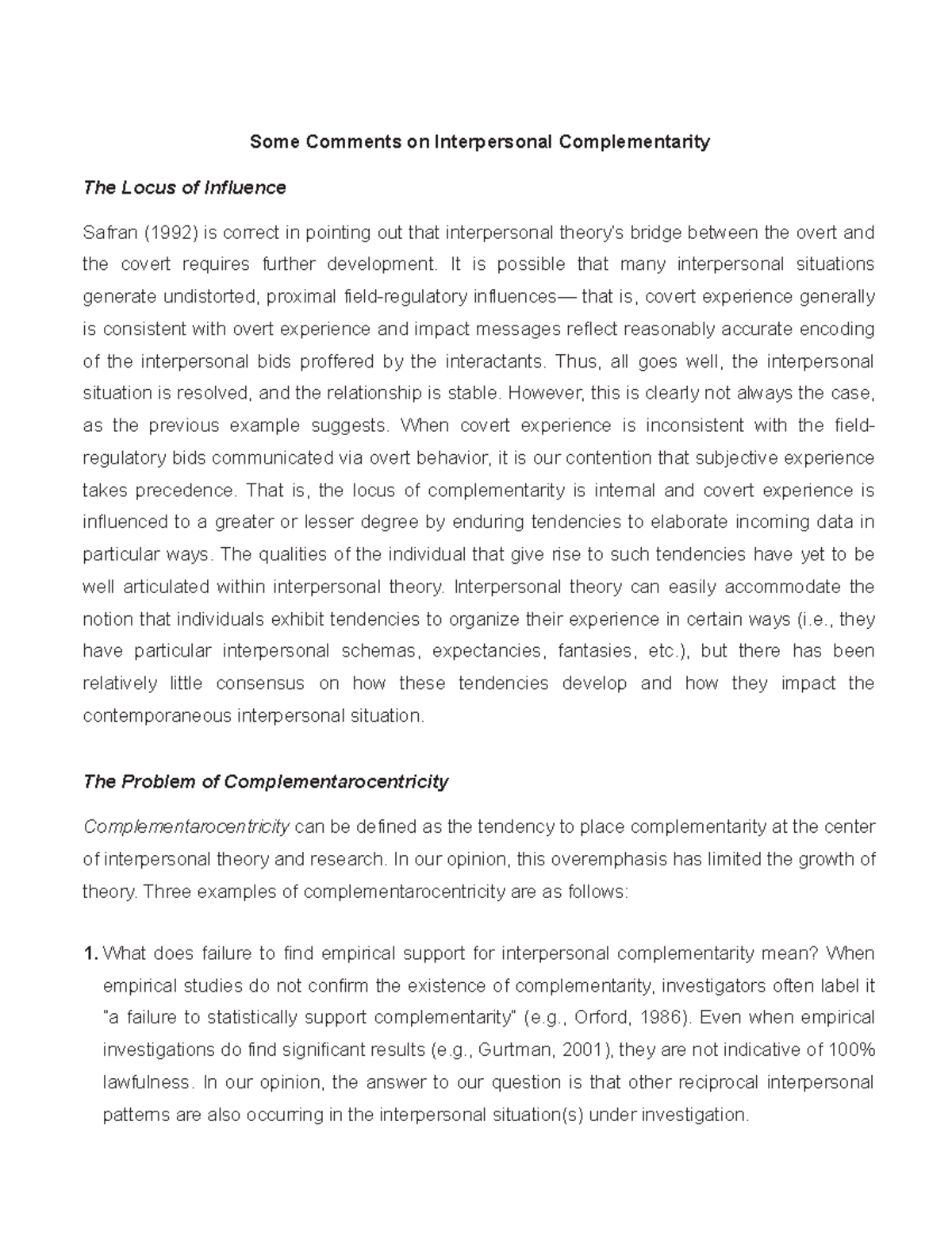 Interpersonal Theory of Personality - Some Comments on Interpersonal Complementarity The Locus ...
