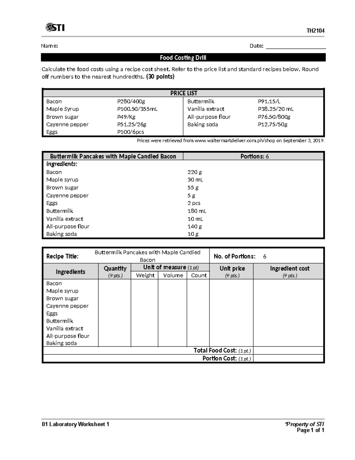 01 Laboratory Worksheet 1(3) - TH Food Costing Drill Calculate the food ...