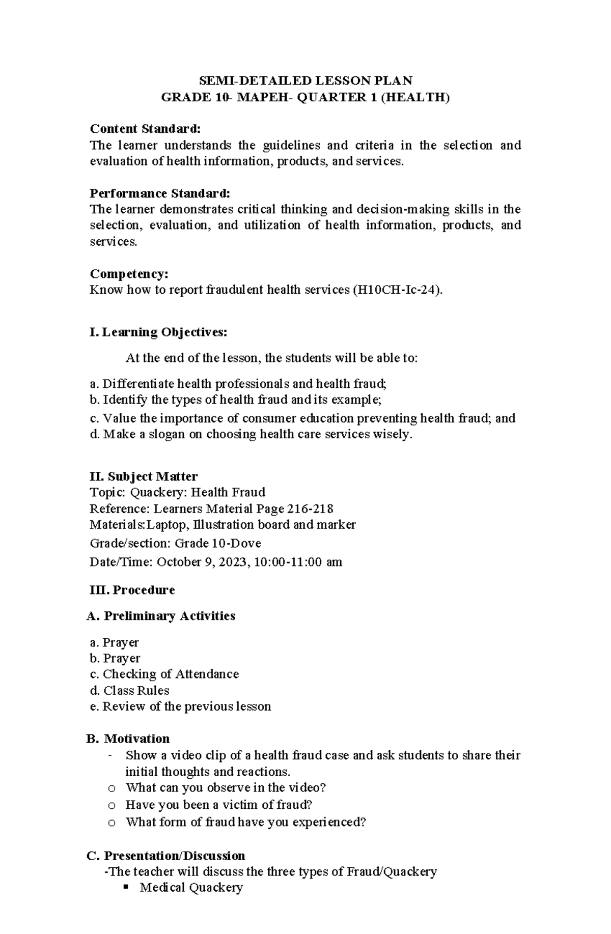 1st Q-CO-SEMI - Lesson plan - SEMI-DETAILED LESSON PLAN GRADE 10- MAPEH ...