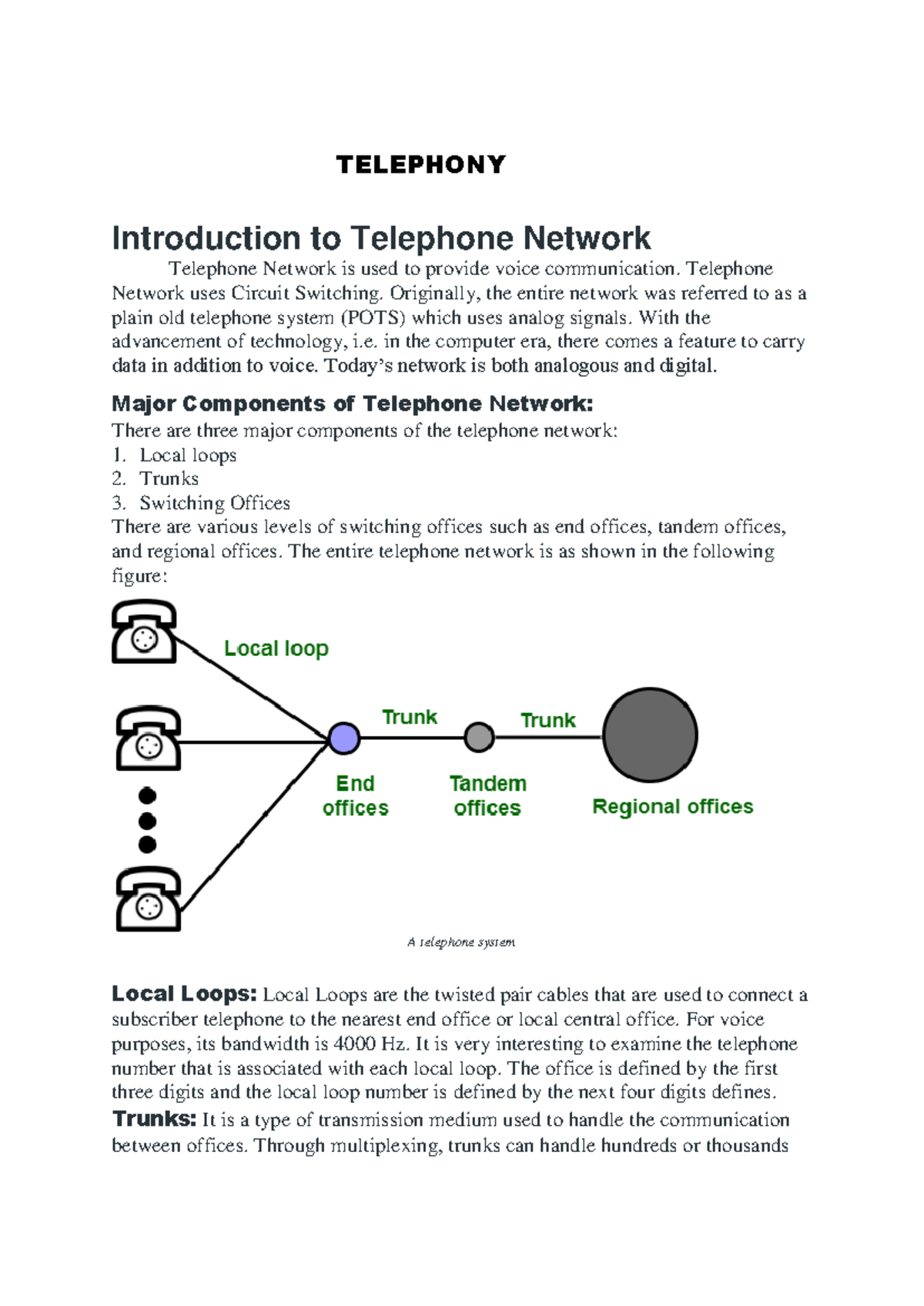Telephony - TELEPHONY Introduction to Telephone Network Telephone Network is used to provide ...