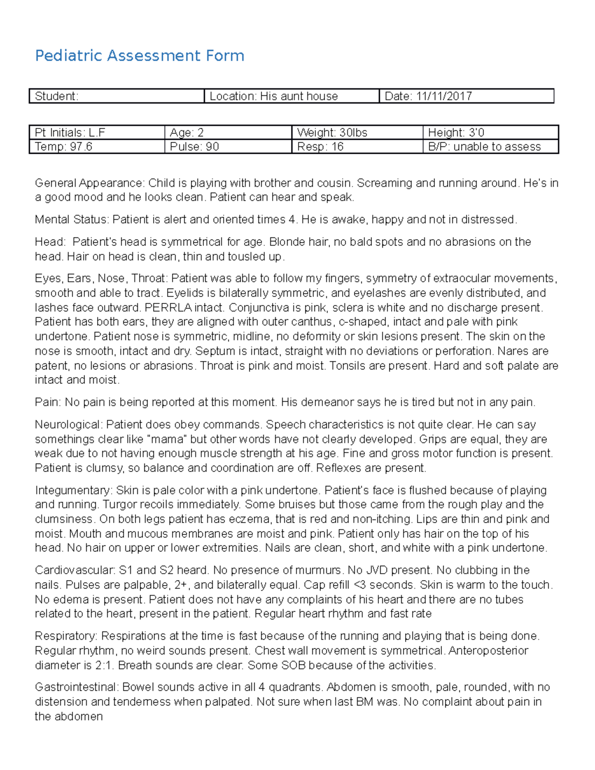 pediatricassessment - Pediatric Assessment Form Student: Location: His ...