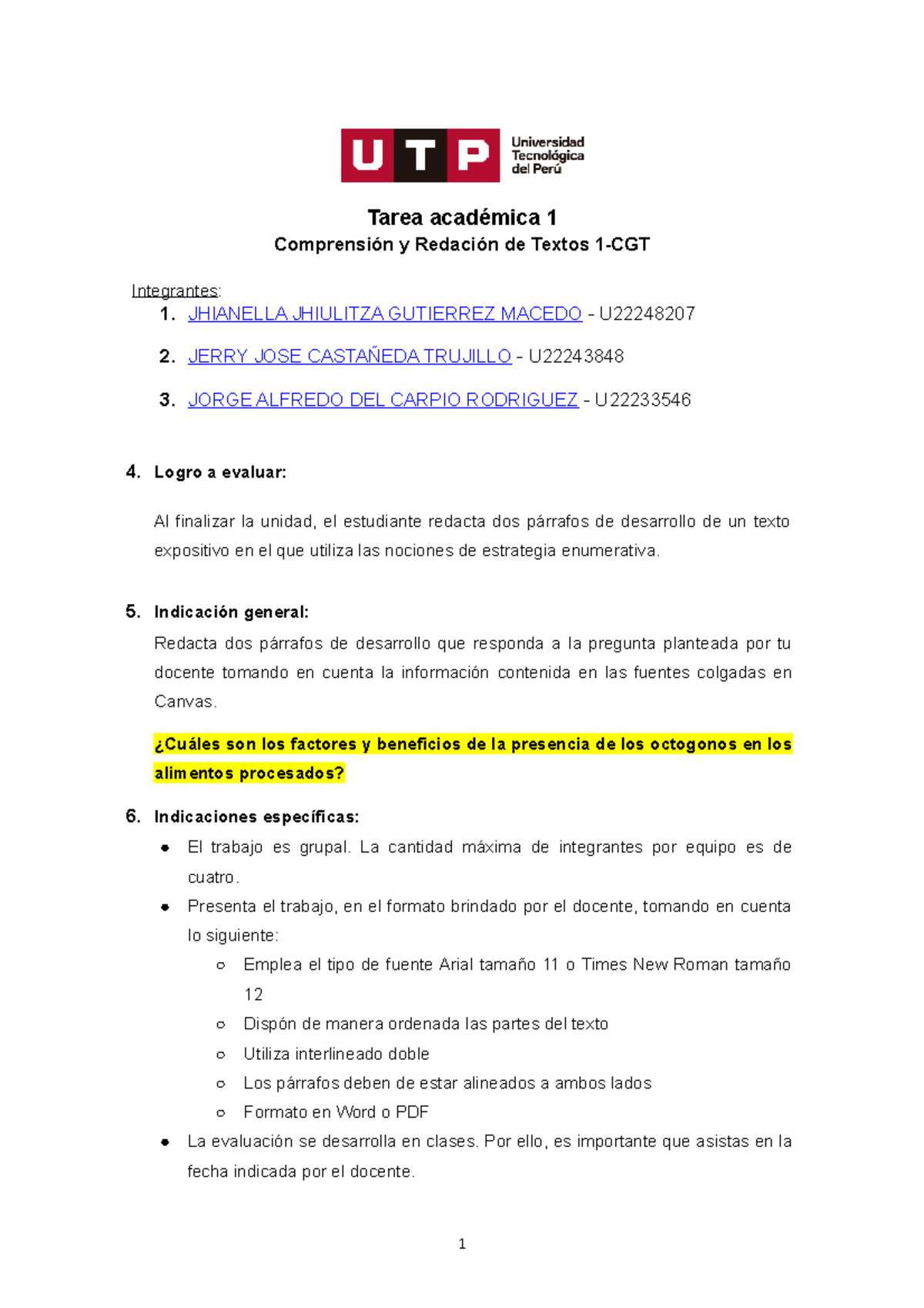 TA1 Esquema enumerativo y texto - Tarea académica 1 Comprensión y Redación de Textos 1-CGT - Studocu