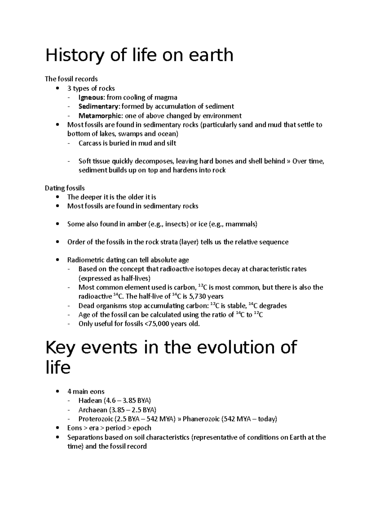 Week 2 - History of life on earth - History of life on earth The fossil ...