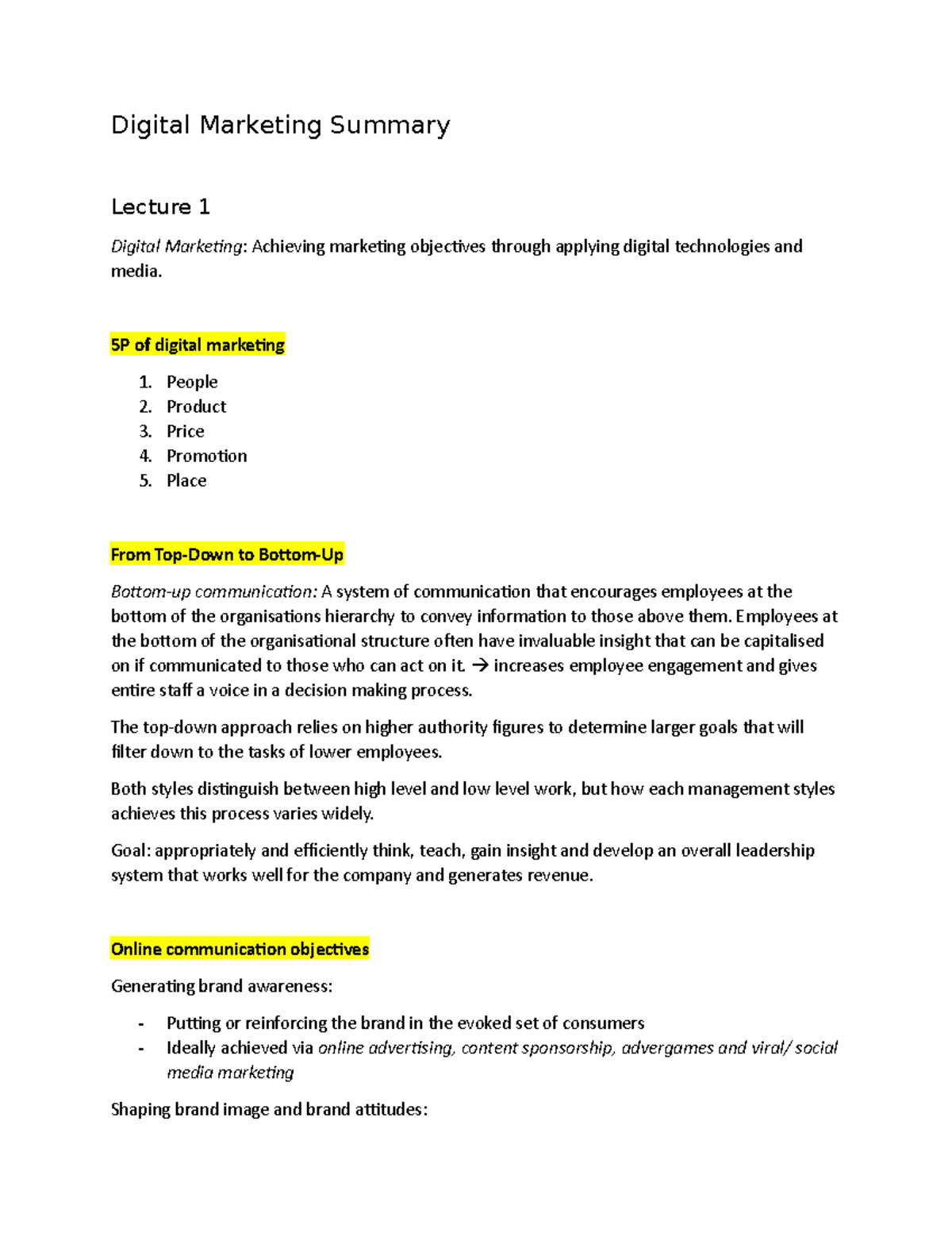 Digital Marketing Summary - Digital Marketing Summary Lecture 1 Digital ...