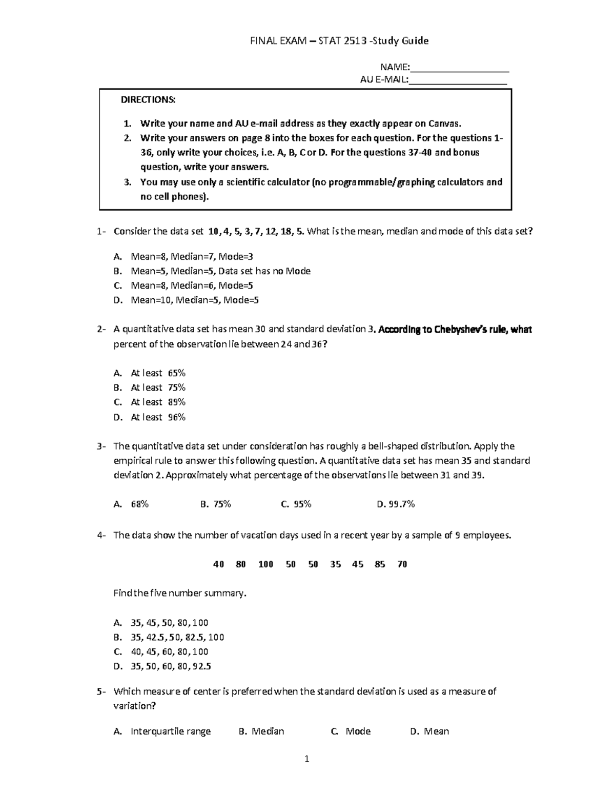 Stat 2510-study-guide 1 - FINAL EXAM STAT 2513 -Study Guide NAME ...