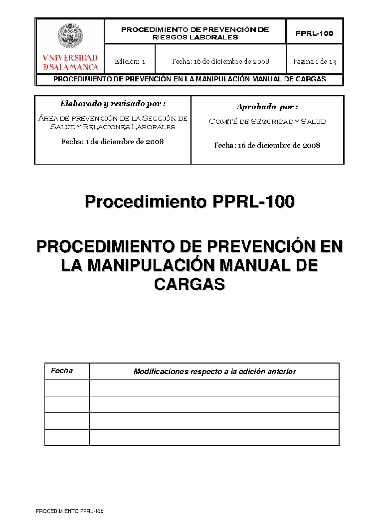 PPRL-100 Proced. Manipulación manual cargas - - Studocu
