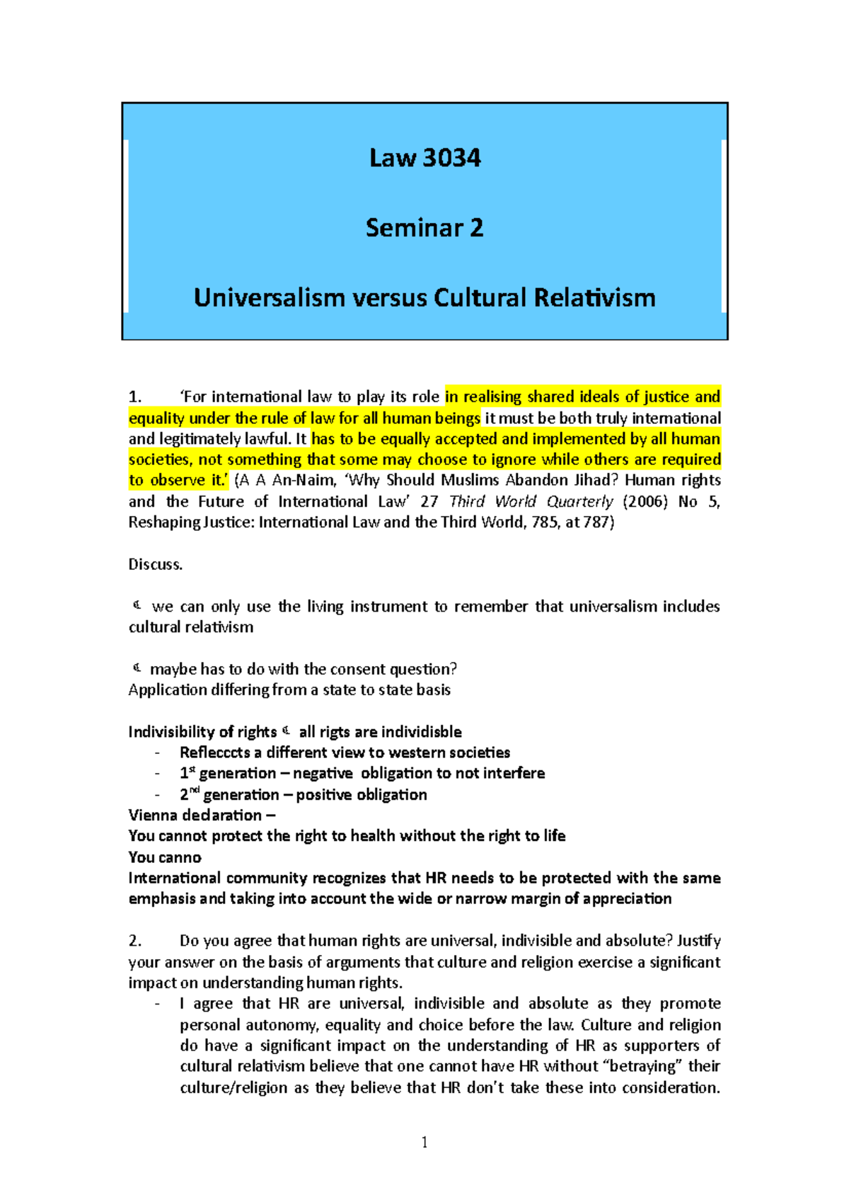Seminar 2 - Tutorial questions week 2 - Law 3034 Seminar 2 Universalism ...