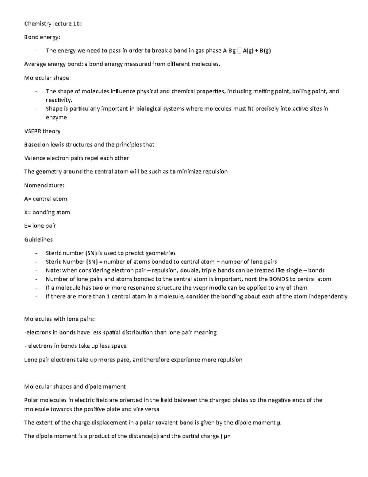 Lecture 10 - Chemistry lecture 10: Bond energy: - The energy we need to ...
