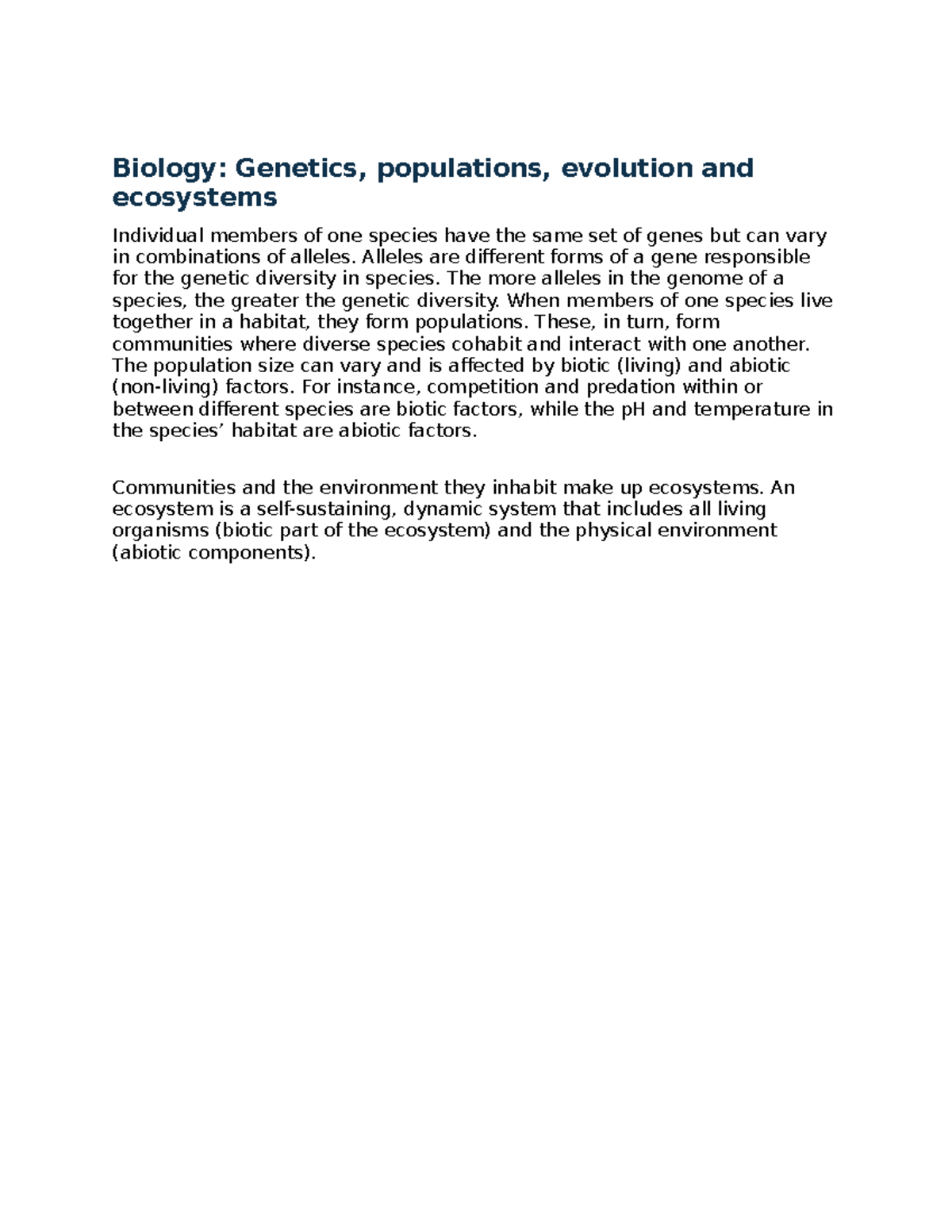 Biology 4 - hello - Biology: Genetics, populations, evolution and ecosystems Individual members ...