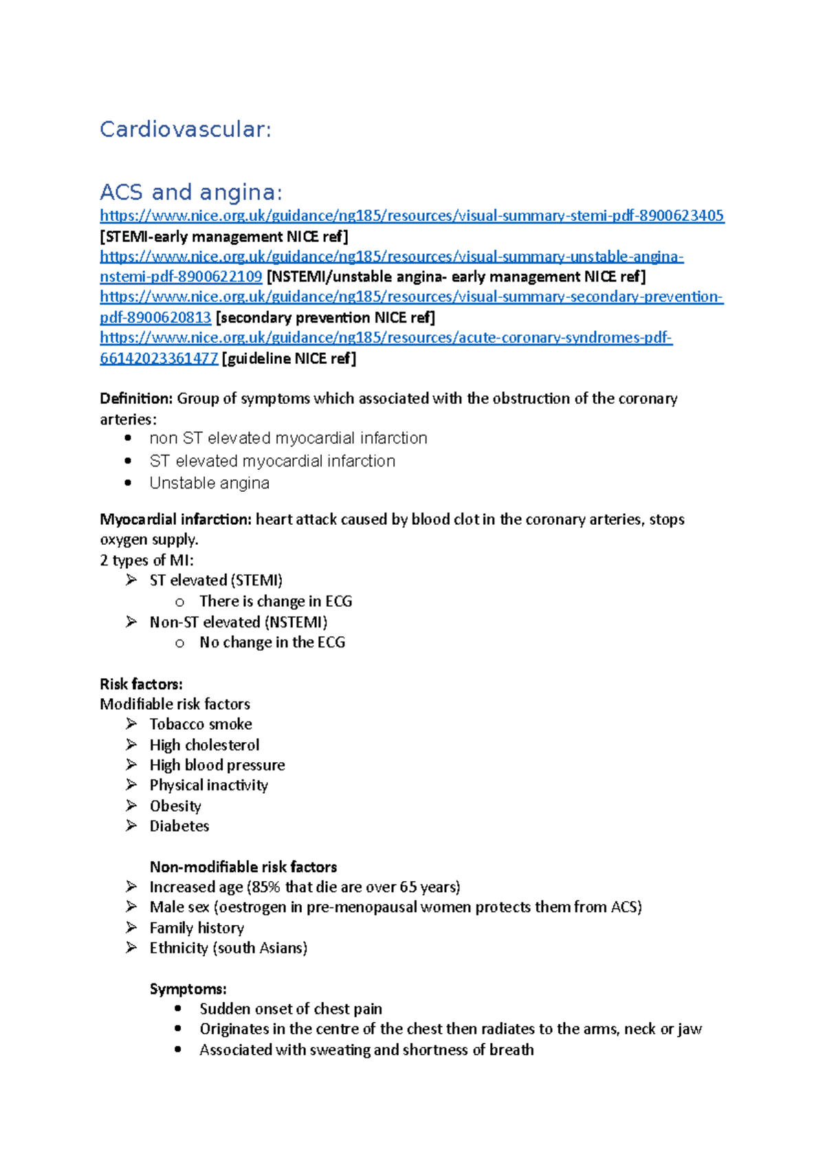 Cardiovascular - revision notes - Cardiovascular: ACS and angina: - Studocu