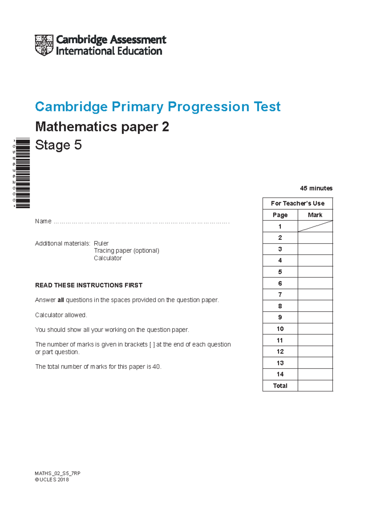 2018 Cambridge Primary Progression Test Maths Stage 5 QP Paper 2 tcm142 ...