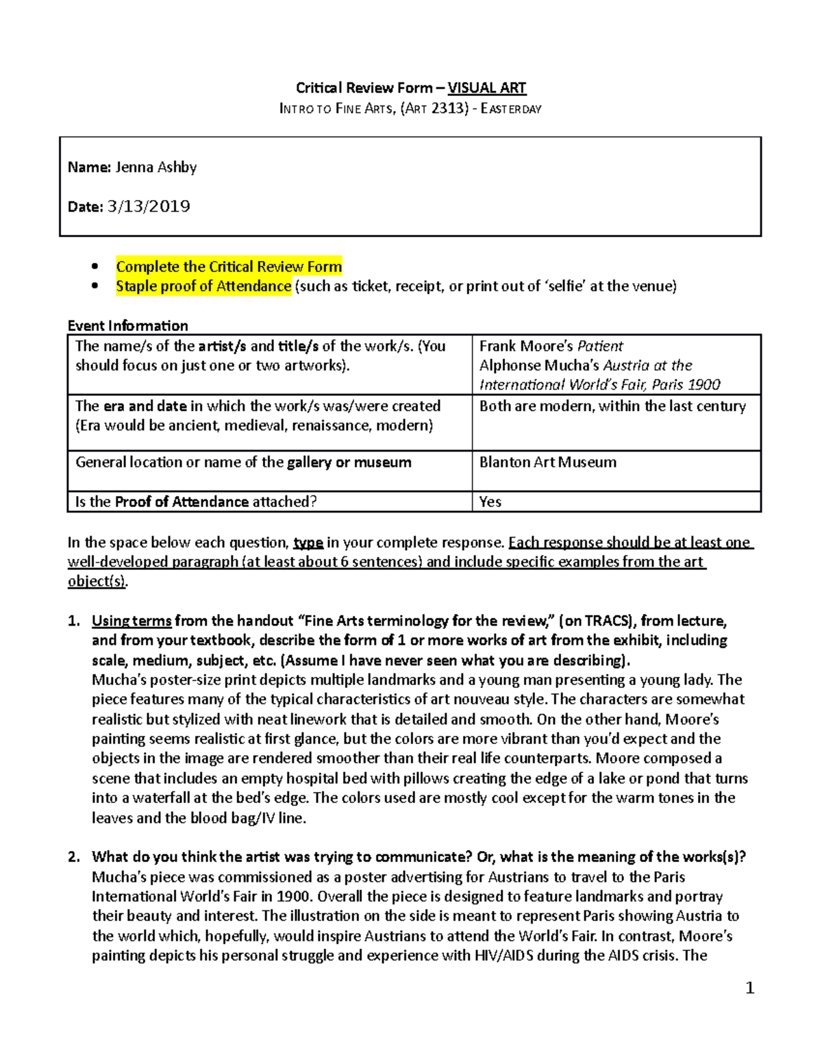 Visual ART Art Review Form - Critical Review Form – VISUAL ART INTRO TO ...