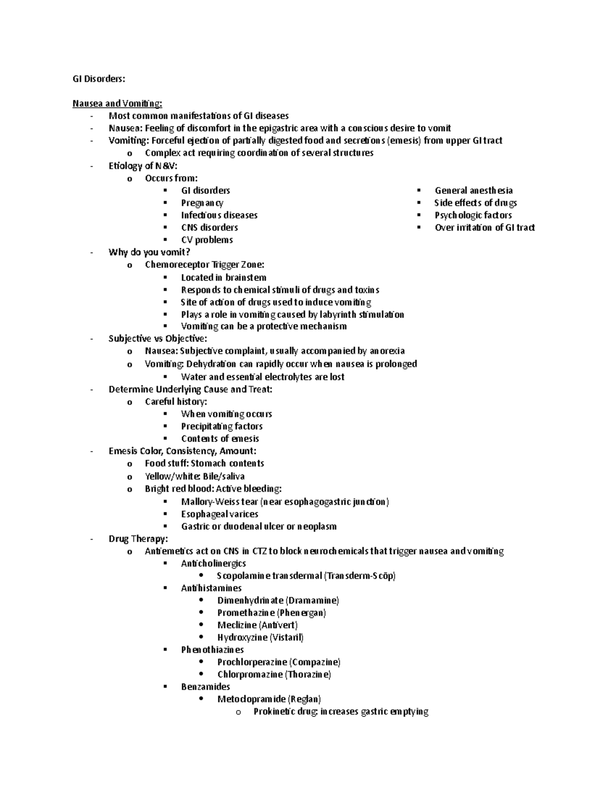 GI Disorders - Outline - GI Disorders: Nausea and Vomiting: - Most ...