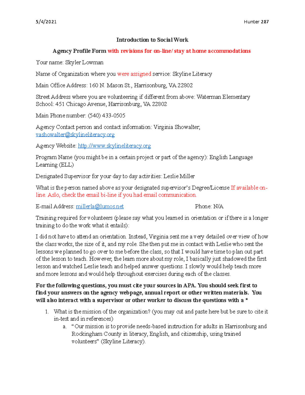 Agency profile - Introduction to Social Work Agency Profile Form with ...