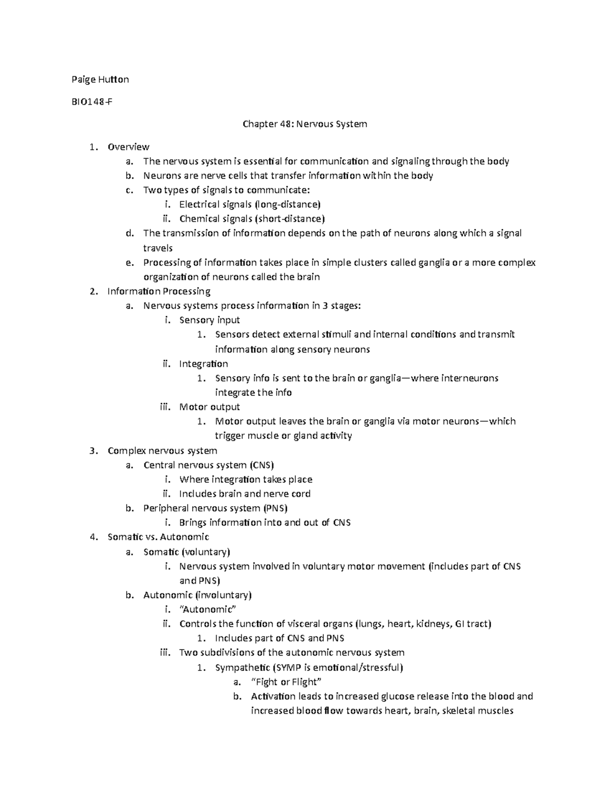 BIO148 Chapter 48 Notes - Paige Hutton BIO148-F Chapter 48: Nervous ...