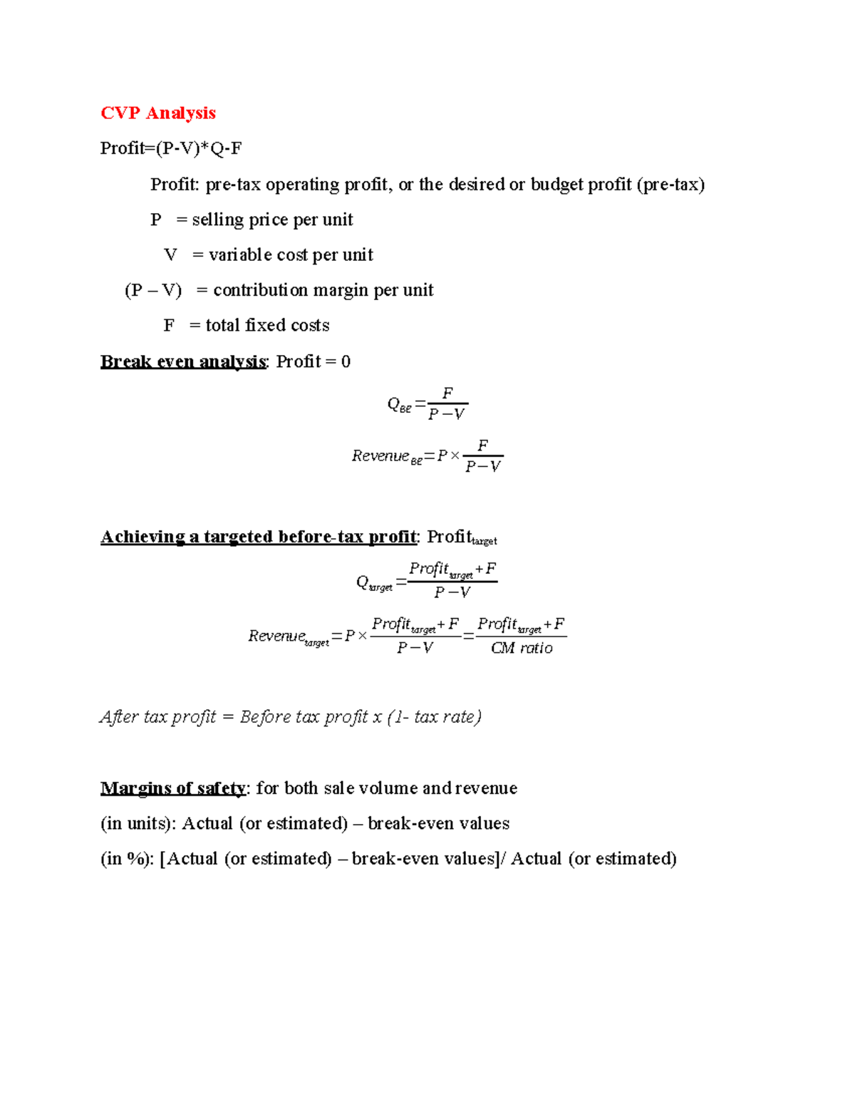 BDM-Costs-Formula Sheet - CVP Analysis Profit=(P-V)*Q-F Profit: pre-tax ...