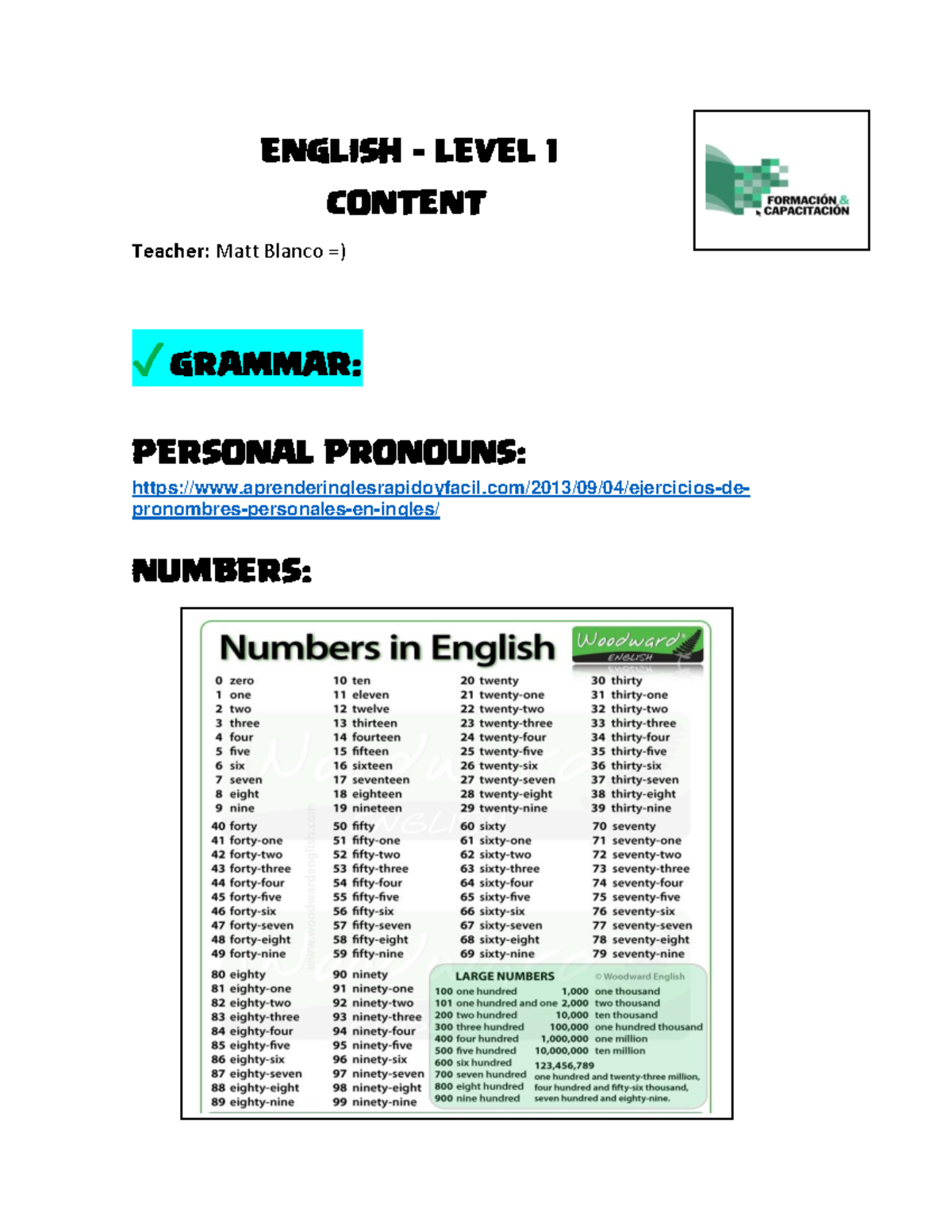 English Level 1Content - ENGLISH – LEVEL 1 CONTENT Teacher: Matt Blanco ...