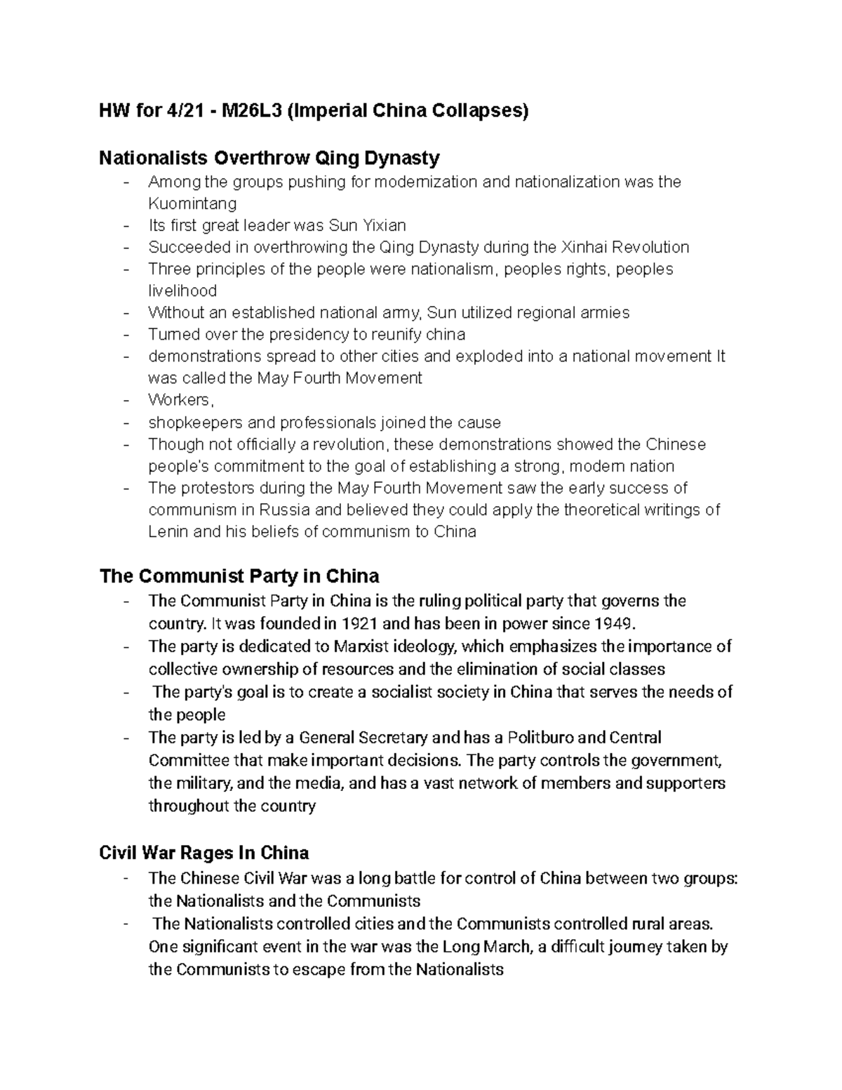 HW for 4 21 - M26L3 (Imperial China Collapses) - HW for 4/21 - M26L3 ...
