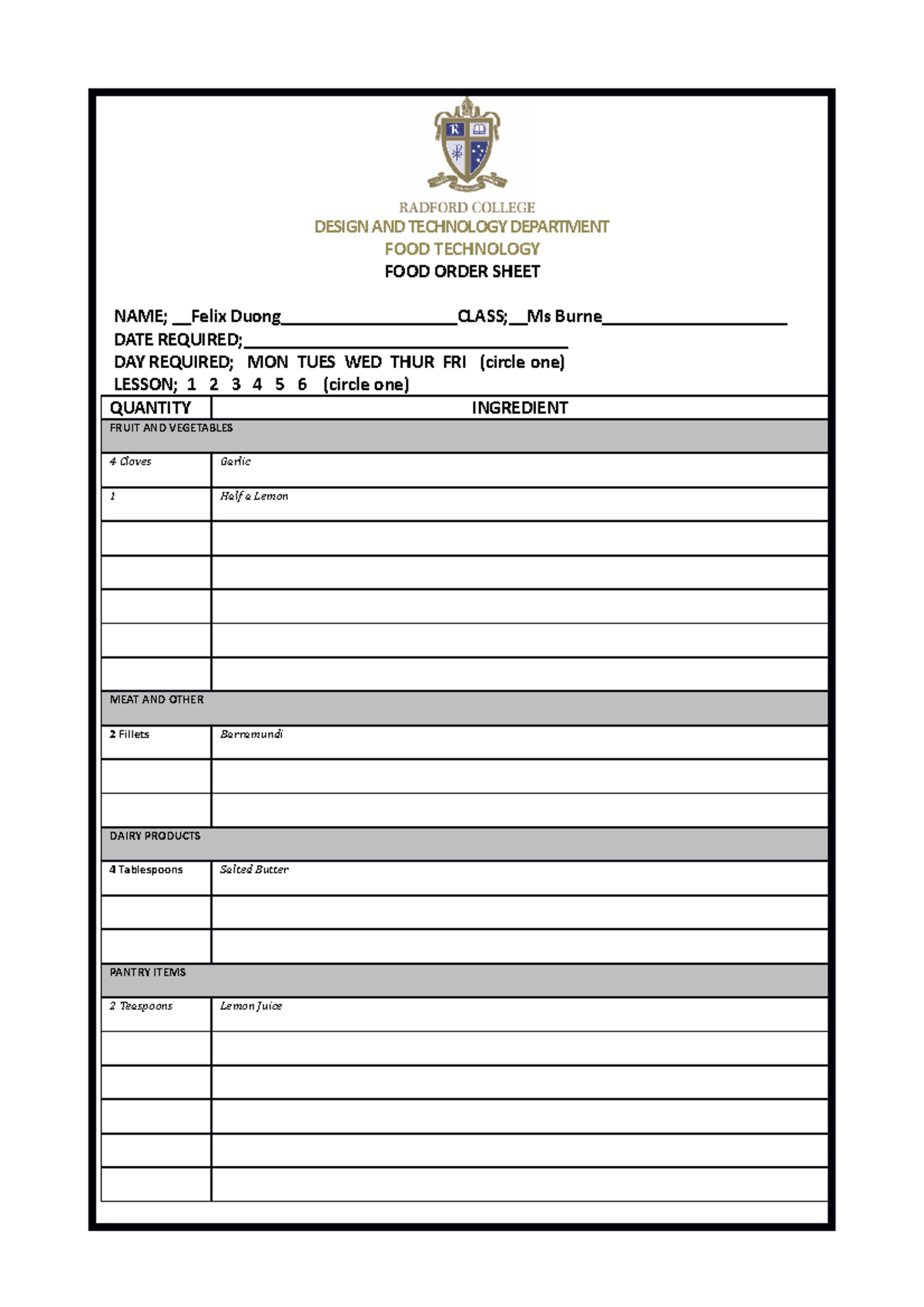 D & T FOOD Order Sheet - gwafawfgwagawgag - DESIGN AND TECHNOLOGY ...