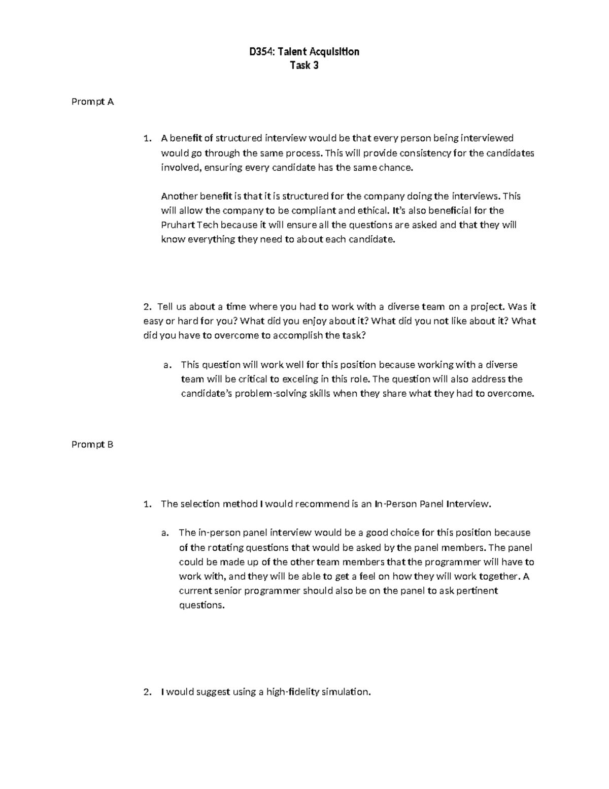 D354 Task 3 - Passed Task 3 - D354: Talent Acquisition Task 3 Prompt A ...