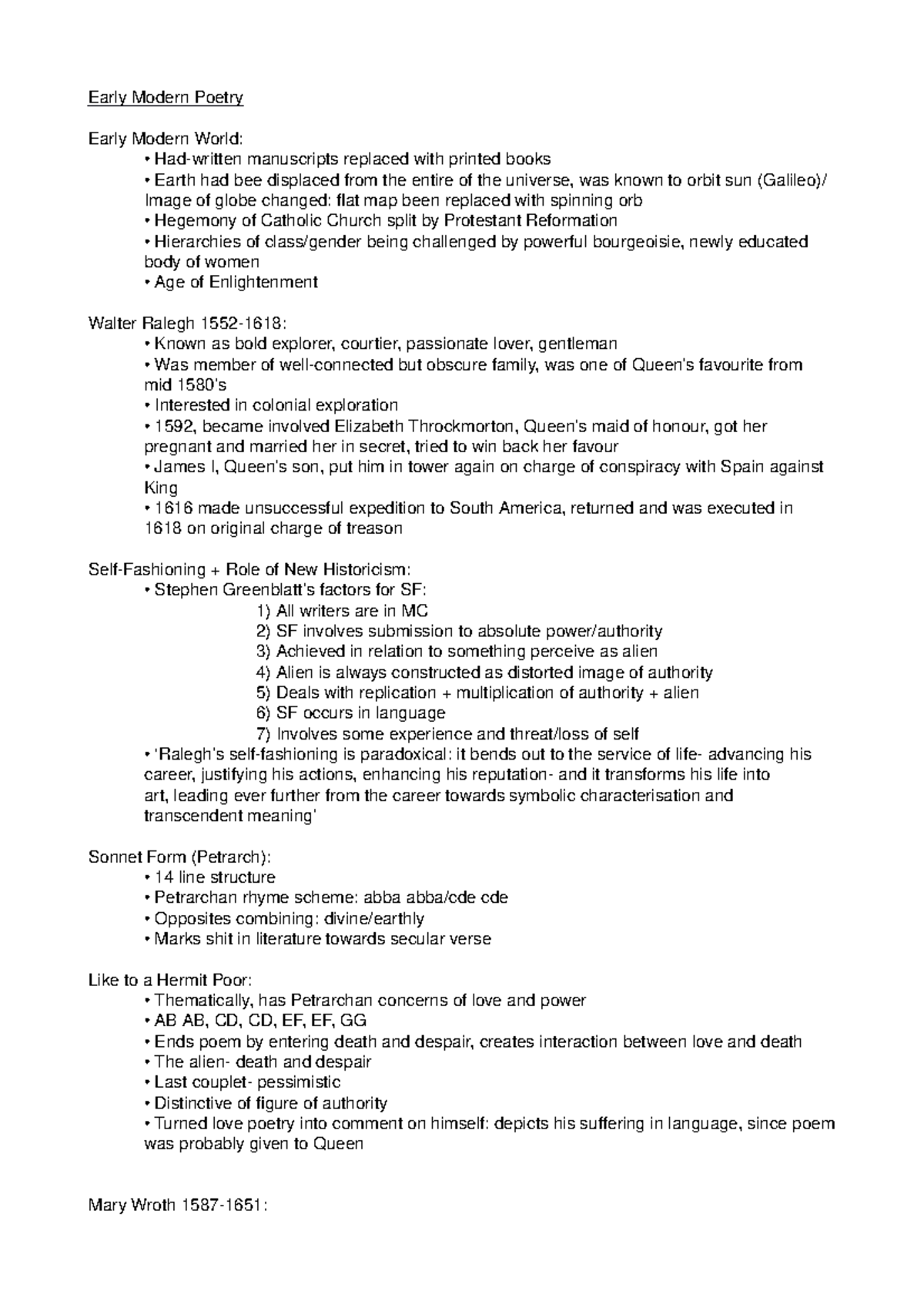 Early Modern Love Poetry- Ralegh + Wroth - Early Modern Poetry Early ...