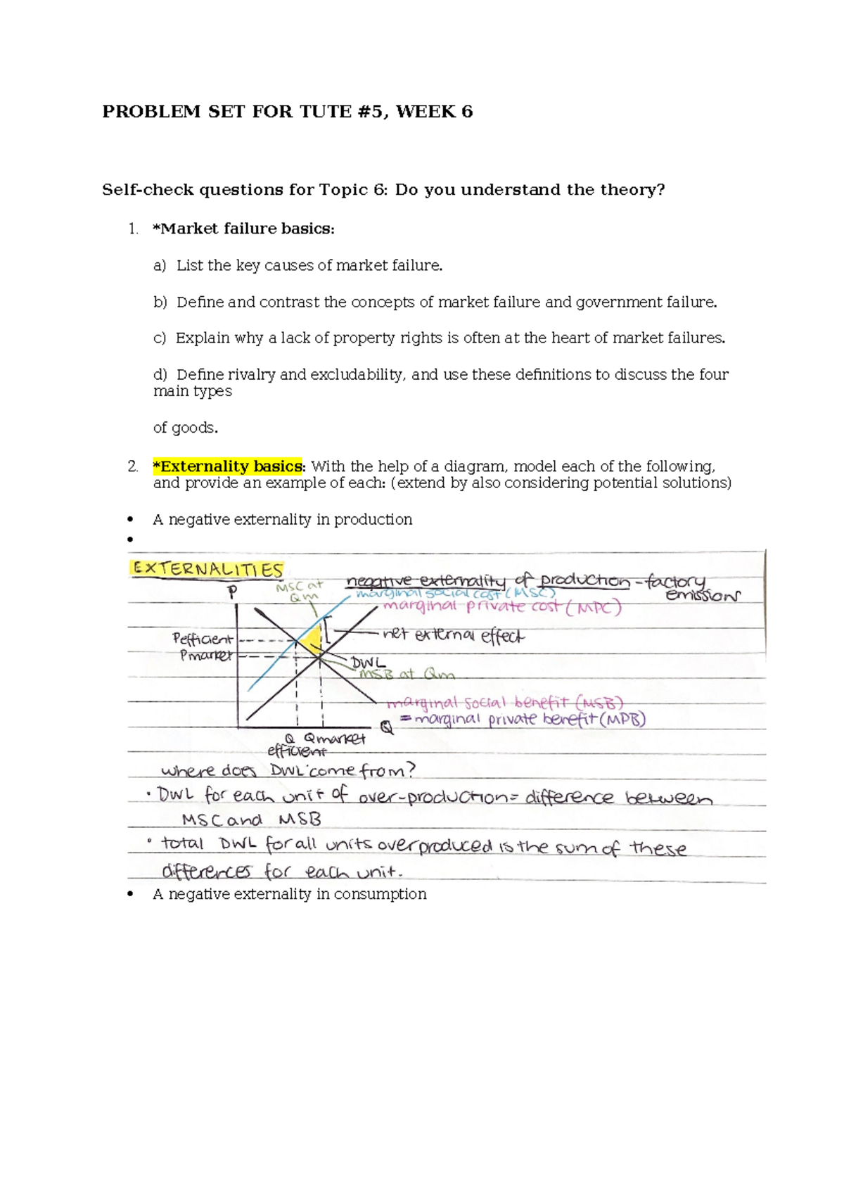 ECON1101 T5 Q'S - tutorial work - PROBLEM SET FOR TUTE #5, WEEK 6 Self ...