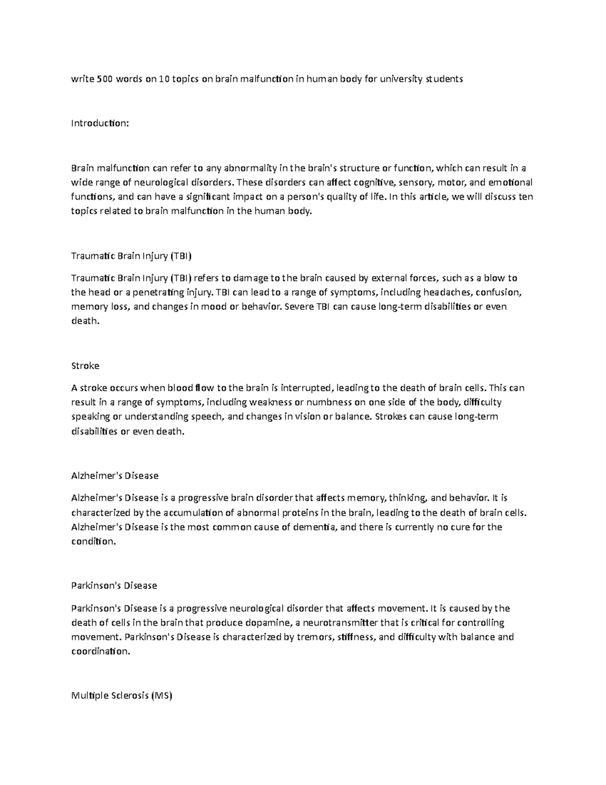 Write 500 words on 10 topics on brain malfunction in human body for ...