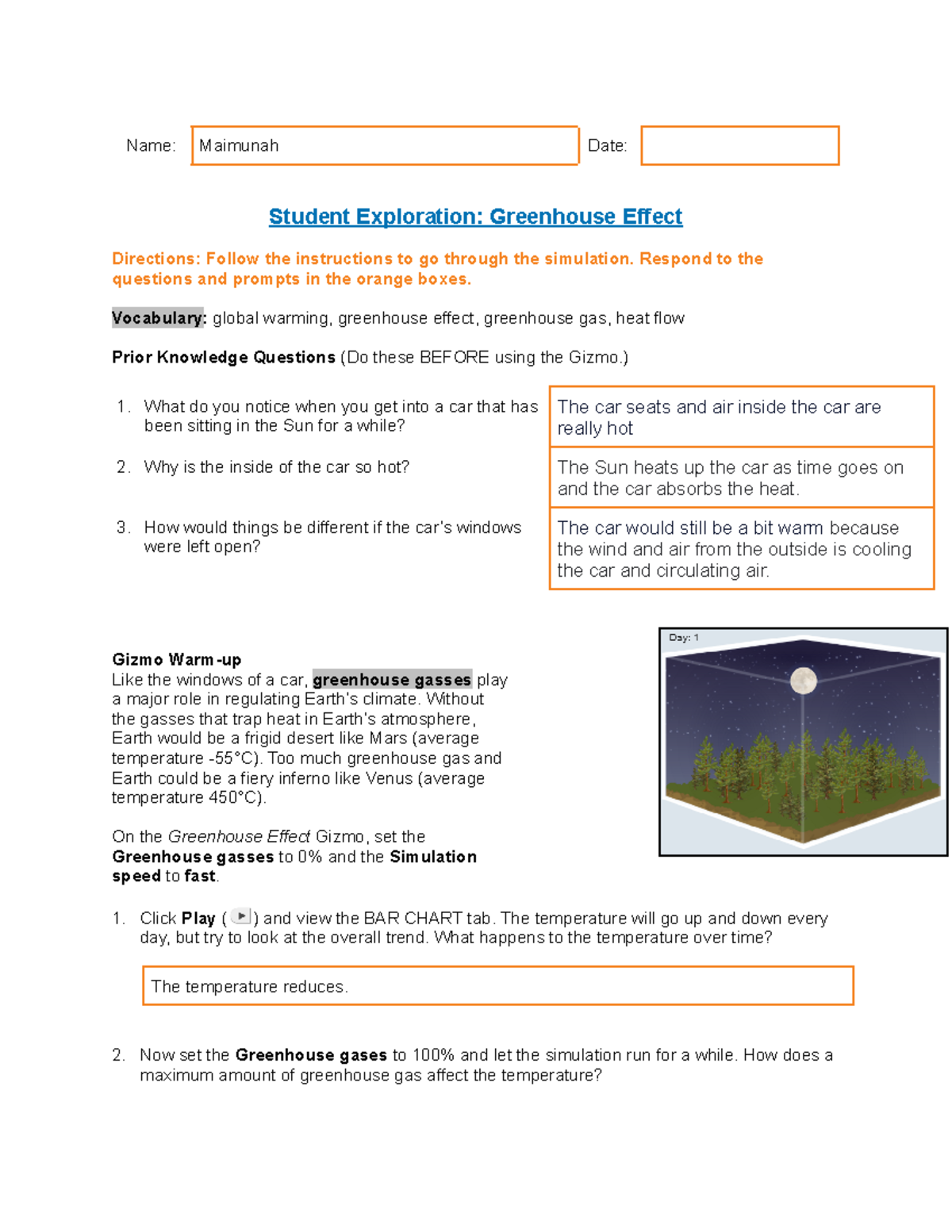Gizmos - Name: Maimunah Date: Student Exploration: Greenhouse Effect ...