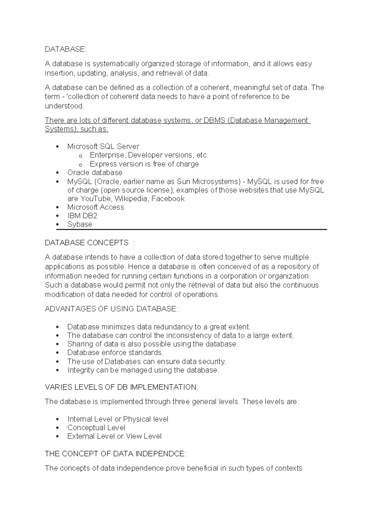 Relational Data Base Management Sysytems Notes Database A Database Is Systematically