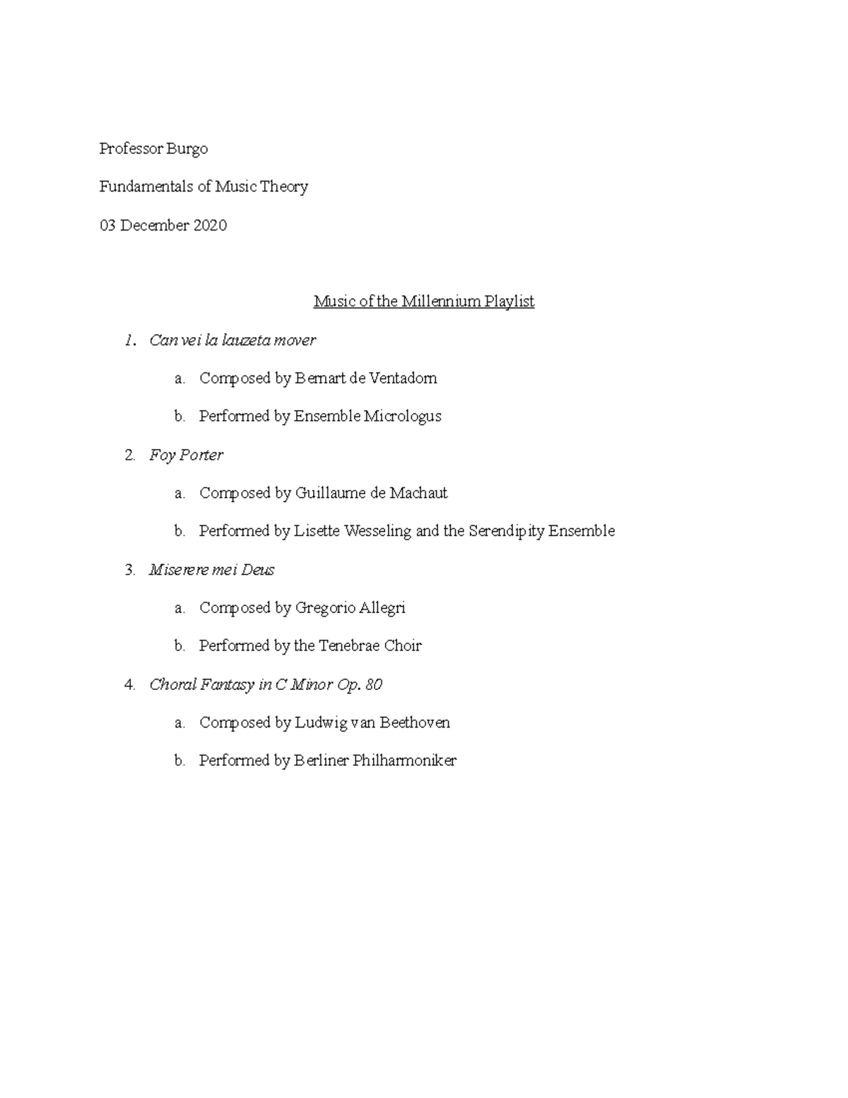 Millennium Paper - essay - Professor Burgo Fundamentals of Music Theory ...