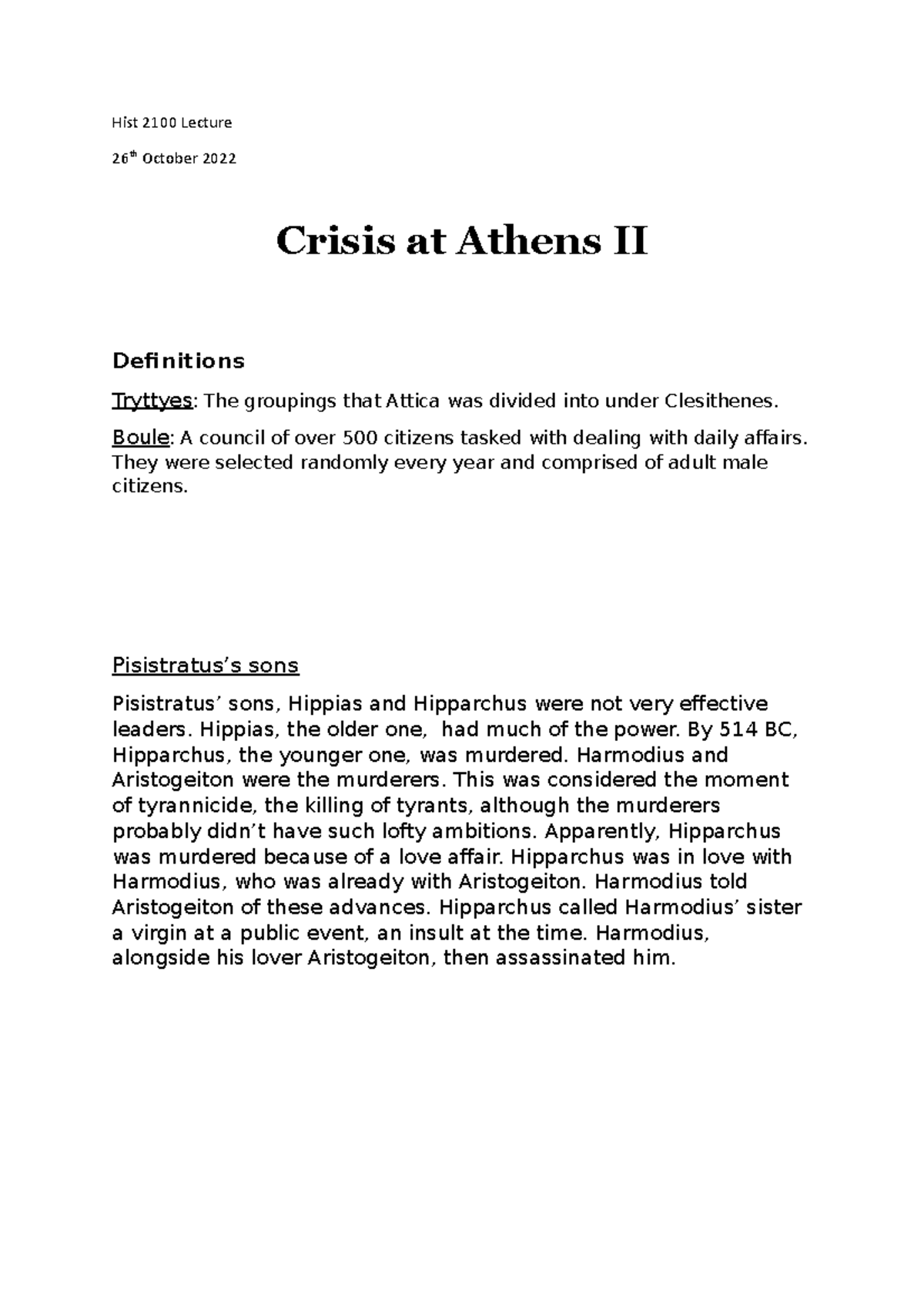 Lecture notes on Crisis at Athens 2 - Hist 2100 Lecture 26 th October ...