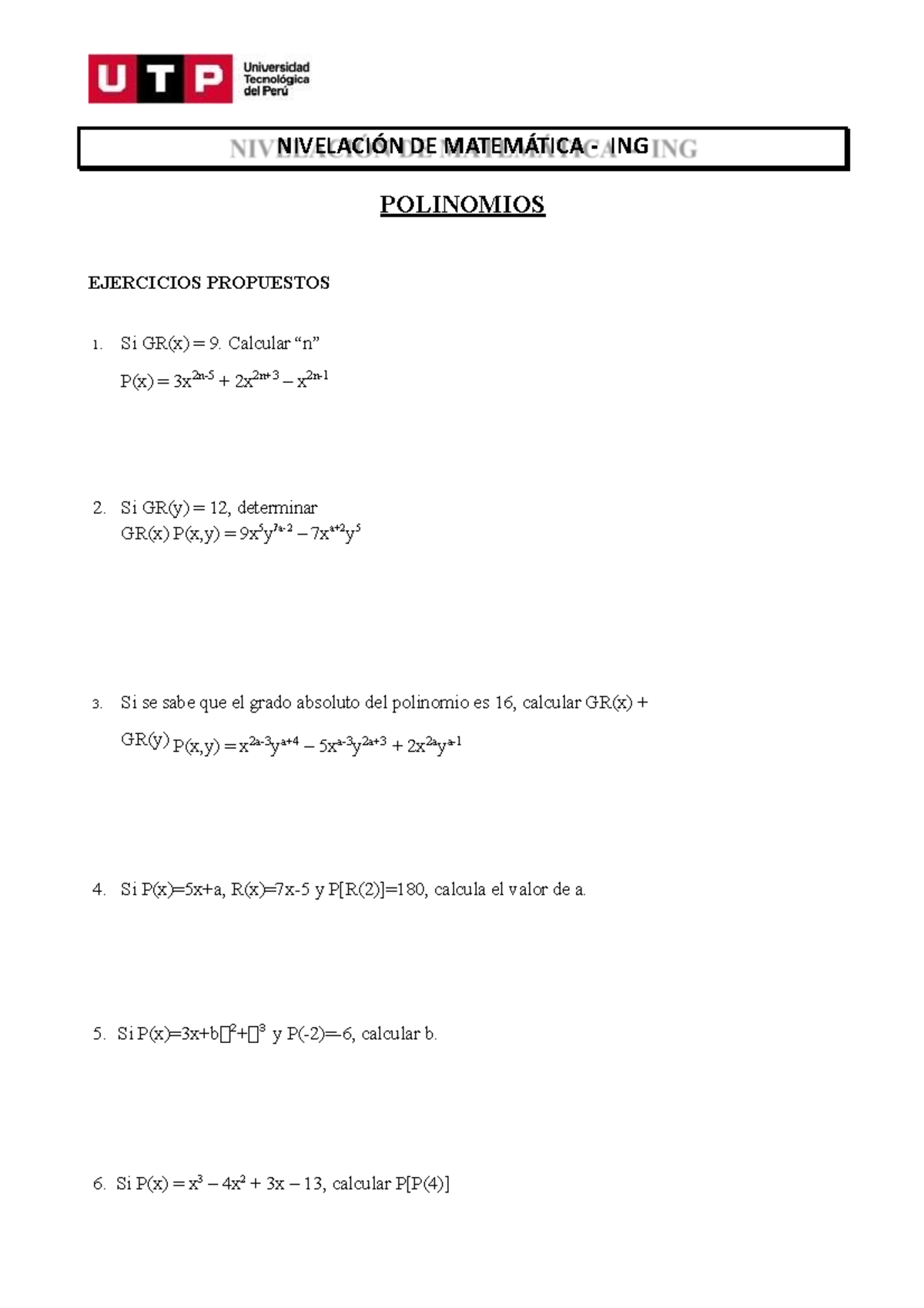 S06.s2 - Resolver ejercicios - NIVELACIÓN DE MATEMÁTICA - ING POLINOMIOS EJERCICIOS PROPUESTOS ...