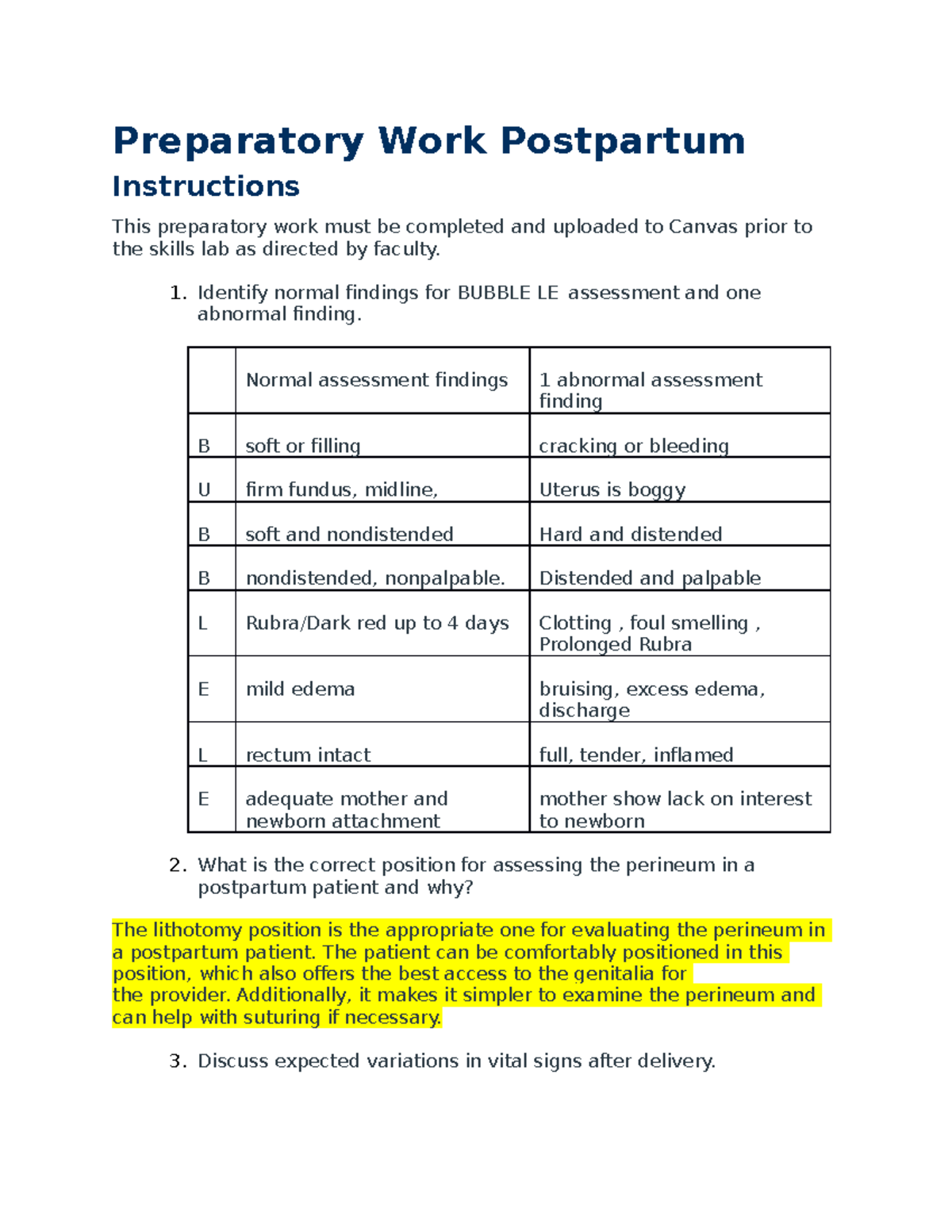 NUR 335L Preparatory Work Postpartum - Preparatory Work Postpartum ...