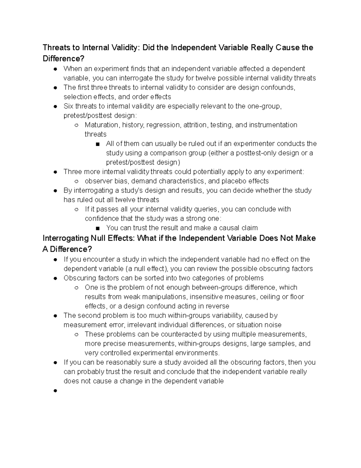 Experimental Methods Chapter 11 Summary - Threats to Internal Validity ...