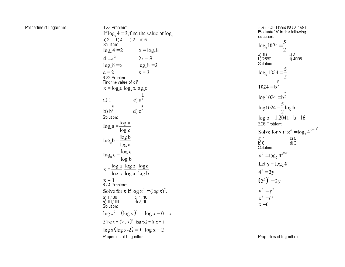 properties of logarithm - 1991 Evaluate “b” in the following equation ...