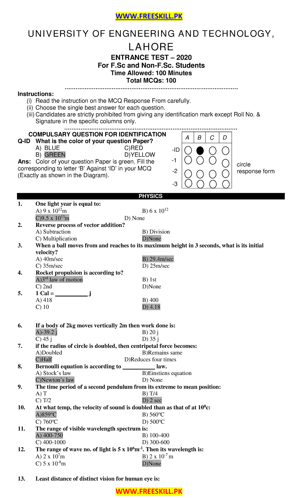 ECAT Past Paper 2020 - GOOD - A B C D 4. A) 40m/sec C) 35m/sec Rocket ...