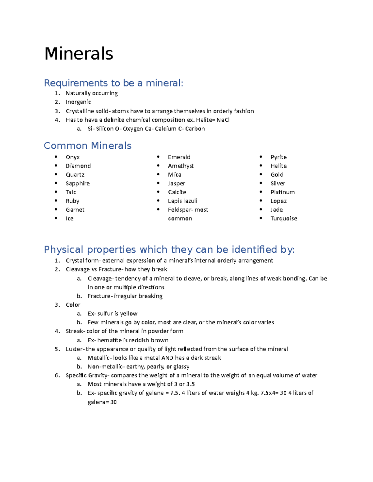 Mineral notes - Minerals Requirements to be a mineral: Naturally ...