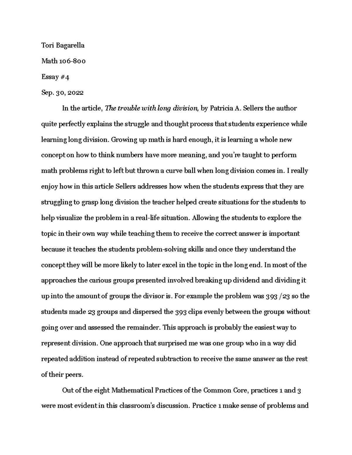 Math essay #4 - Tori Bagarella Math 106- Essay # Sep. 30, 2022 In the ...